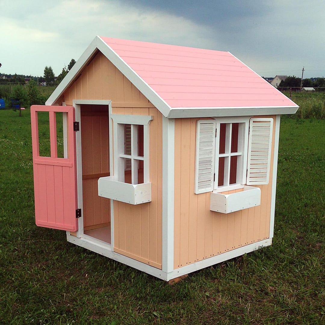 Pink Cozy Wooden Cottage Playhouse With Porch,a Whimsical Outdoor ...