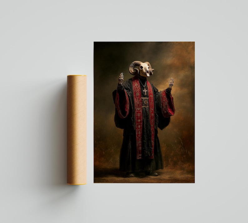 Ram Skull Priest Art, Dark Gothic Wall Print, Occult Skeleton Poster ...