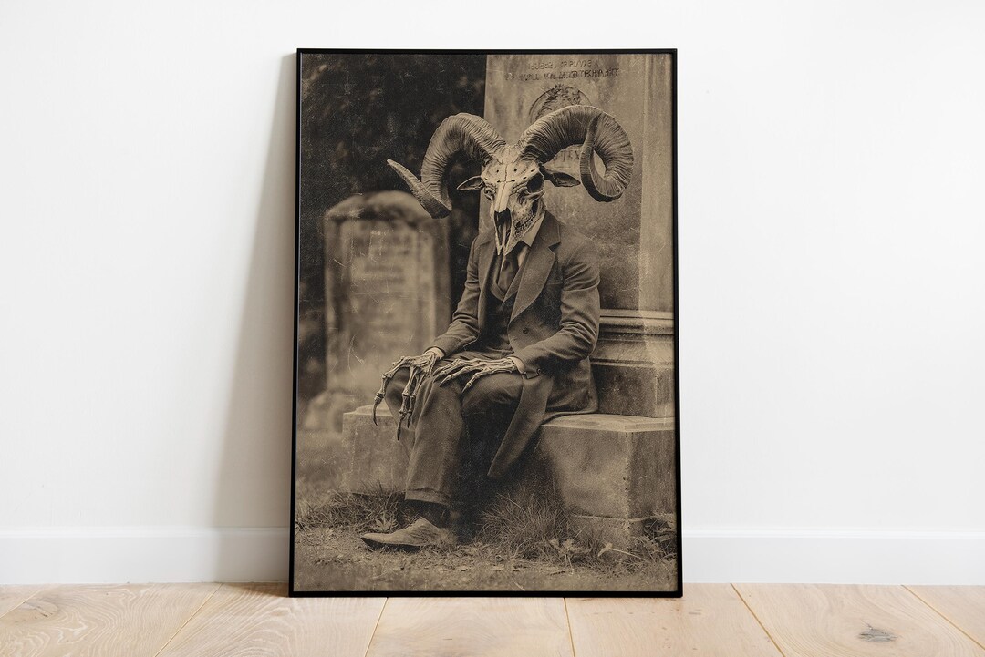 Graveyard Watcher Art, Gothic Cemetery Print, Ram Skull Poster, Horror ...
