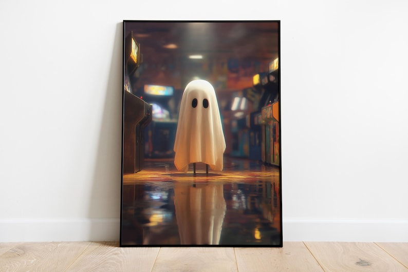 Ghost in Arcade Poster, Retro Ghostcore Wall Art, Spooky Vaporwave ...