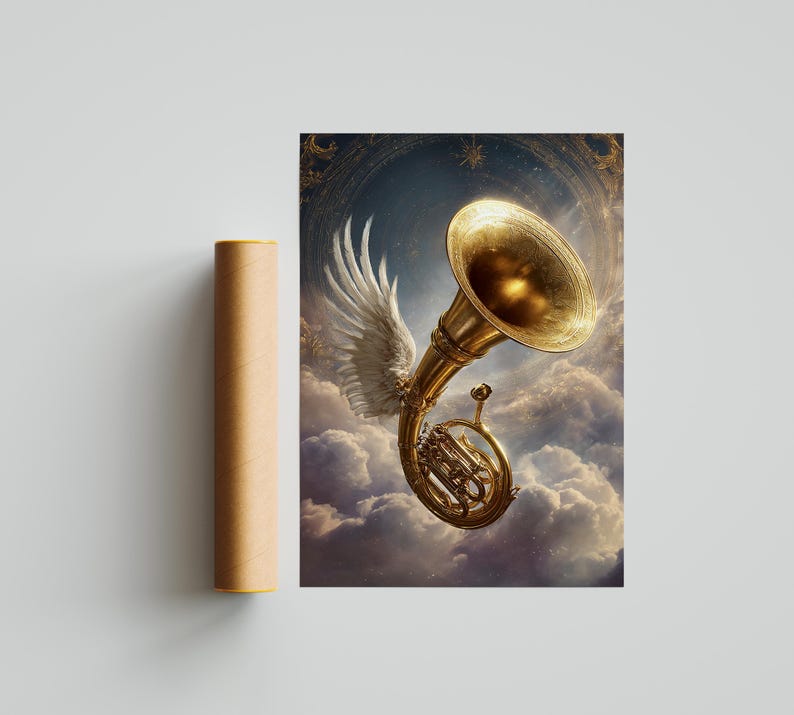 Golden Horn Poster, Angelic Trumpet Art, Celestial Music Wall Print ...