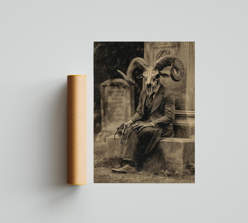 Graveyard Watcher Art, Gothic Cemetery Print, Ram Skull Poster, Horror ...