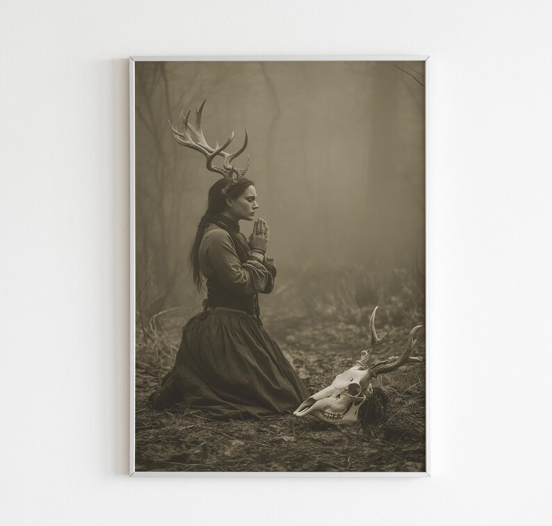 Witch Praying Poster, Gothic Sepia Wall Art, Female Forest Ritual Print ...