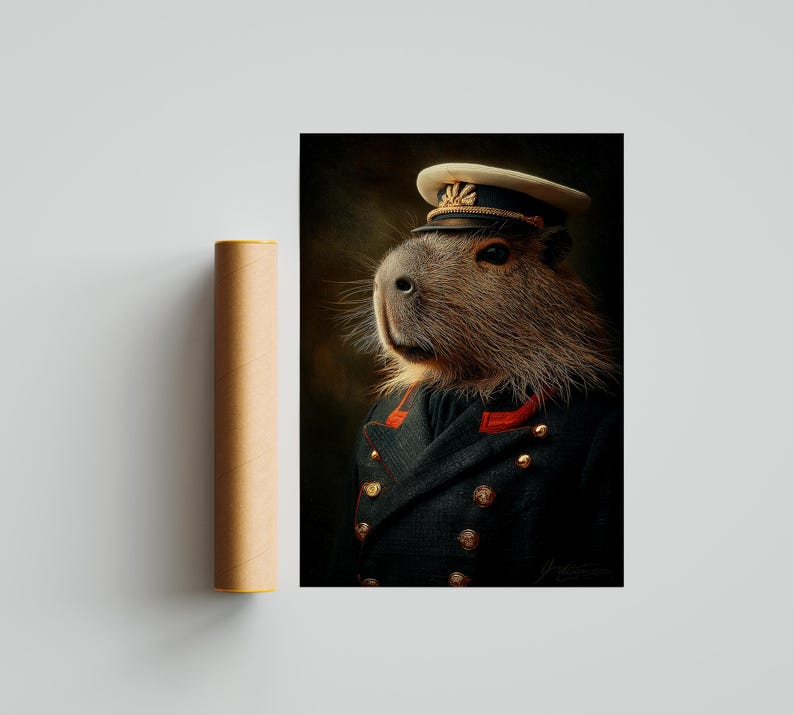Capybara Portrait Poster, Military Animal Art, Dressed Capybara Print ...