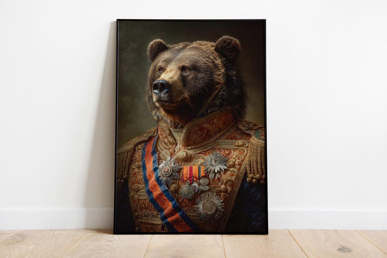 Regal Bear Portrait, Vintage Military Bear Art, Renaissance Animal ...