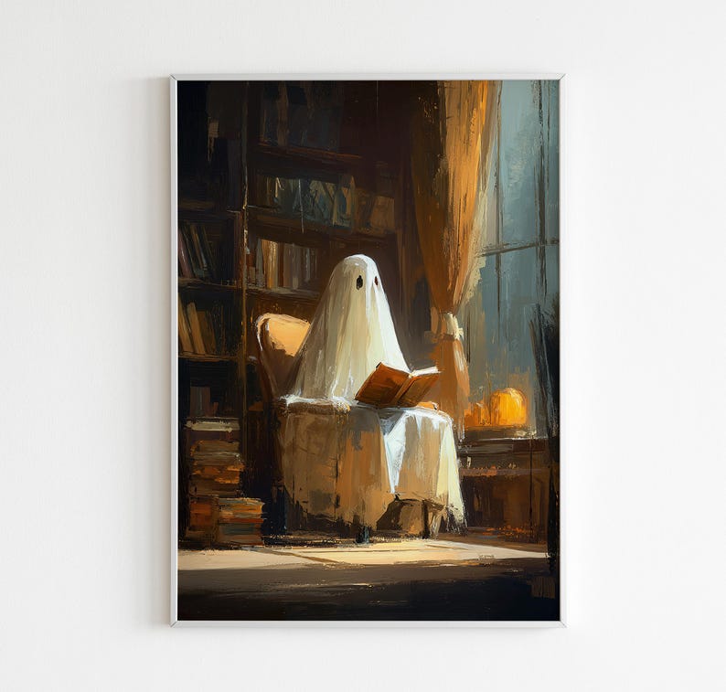 Vintage Library Ghost Print, Cozy Reading Ghostcore Art, Spooky Book ...