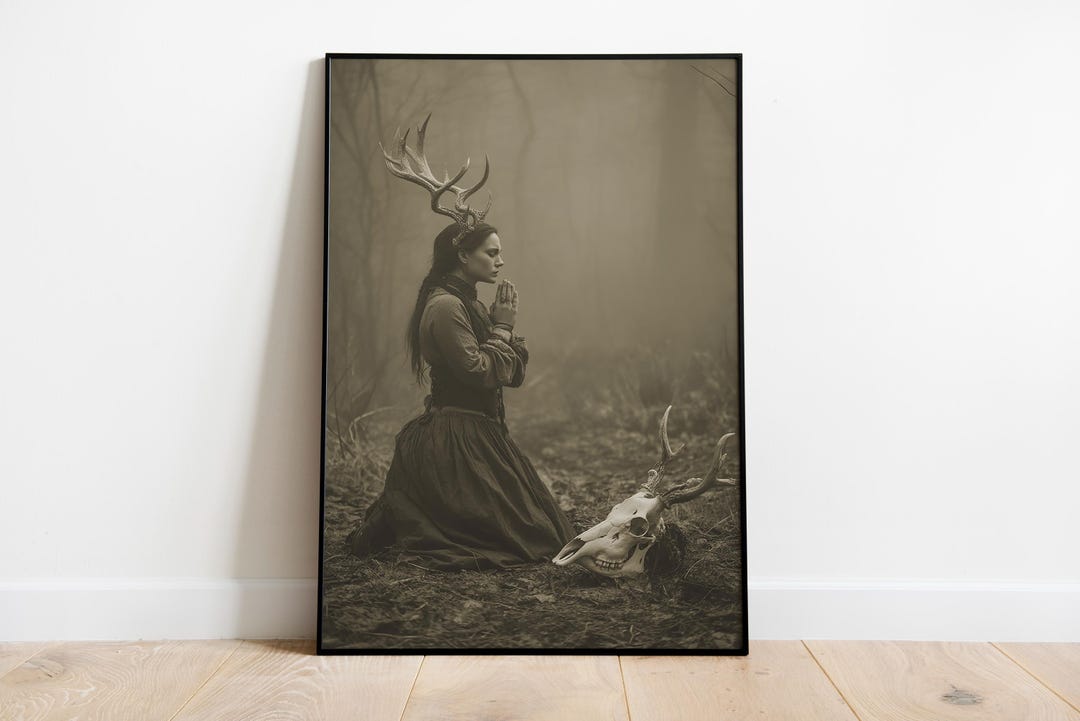 Witch Praying Poster, Gothic Sepia Wall Art, Female Forest Ritual Print ...