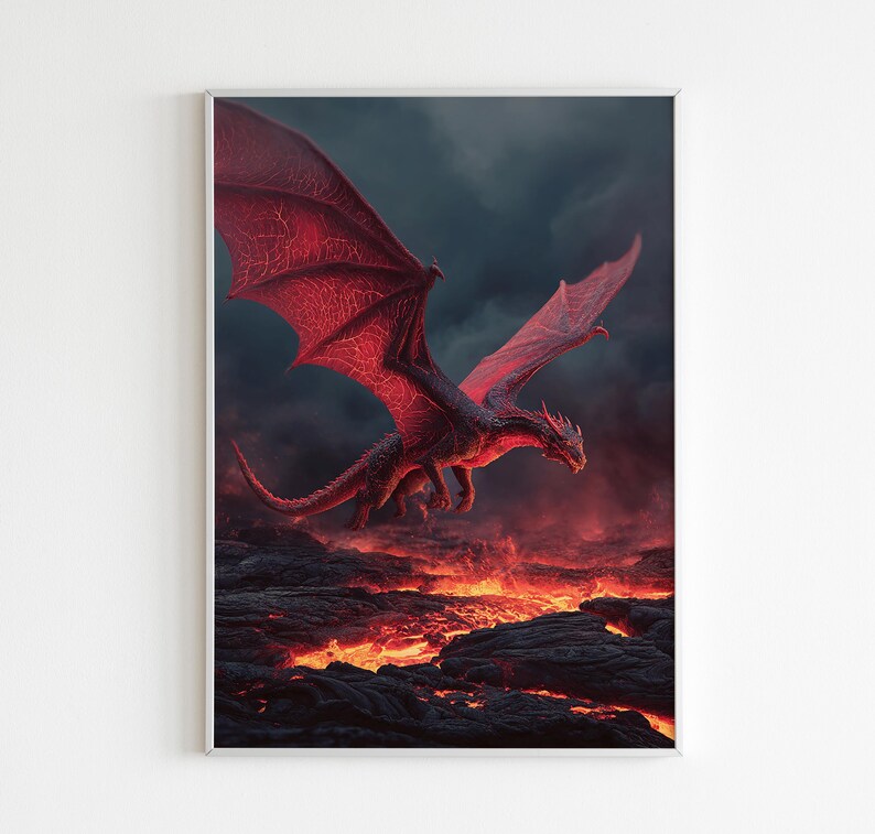 Fire Dragon Poster, Lava Dragon Wall Art, Flame Beast Print, Red Dragon ...