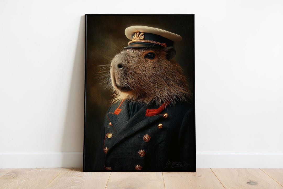 Capybara Portrait Poster, Military Animal Art, Dressed Capybara Print ...