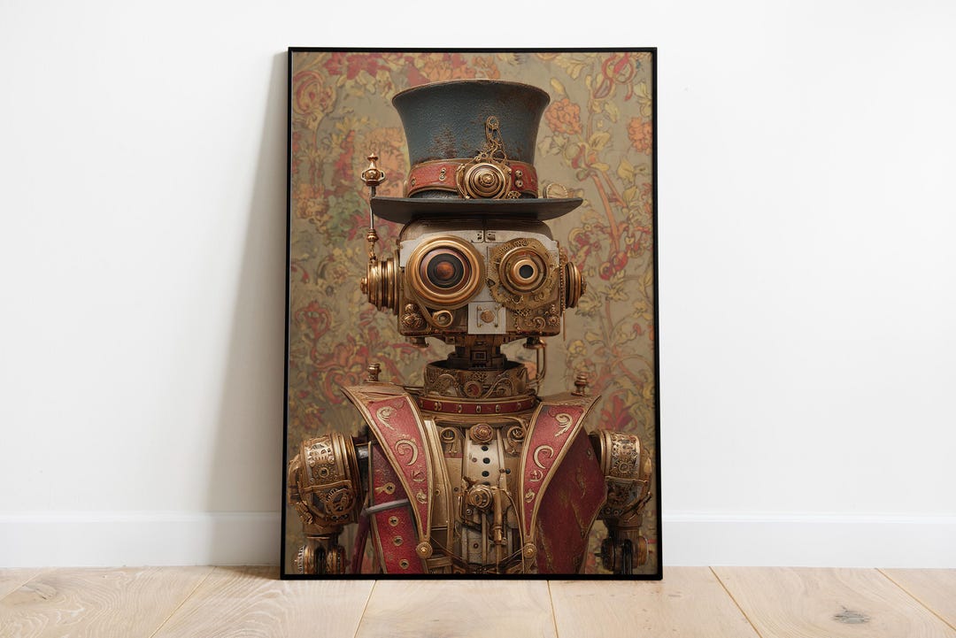 Steampunk Robot Print, Victorian Bot Portrait, Brass Gear Art, Retro ...