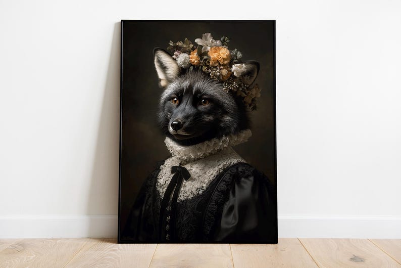 Gothic Fox Portrait, Black Fox in Dress Art, Victorian Animal Print ...