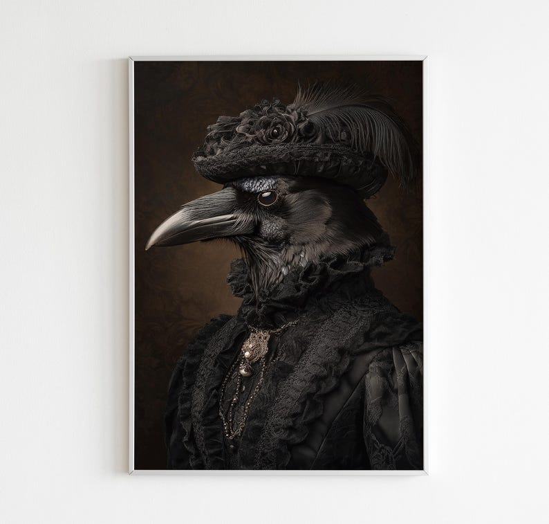 Gothic Raven Portrait, Raven in Lace Dress,dark Academia Wall Art ...