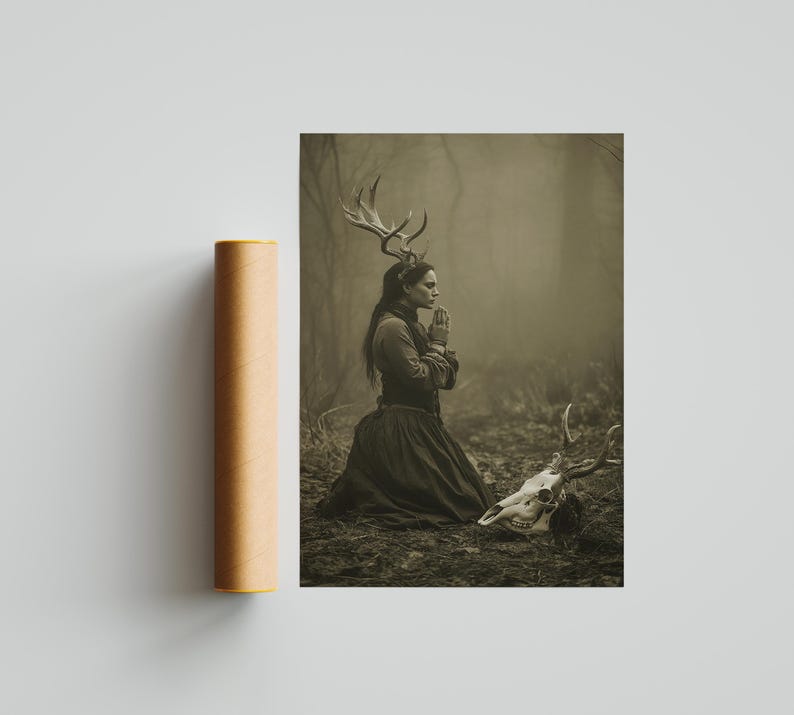 Witch Praying Poster, Gothic Sepia Wall Art, Female Forest Ritual Print ...