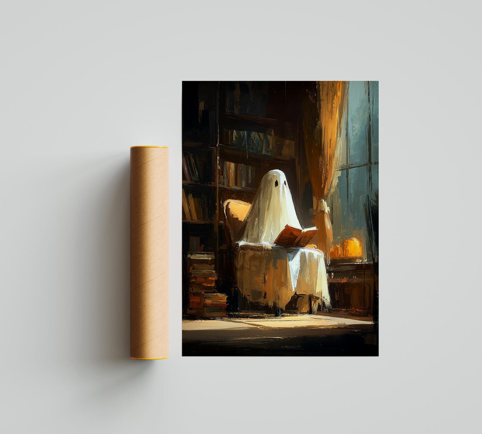Vintage Library Ghost Print, Cozy Reading Ghostcore Art, Spooky Book ...