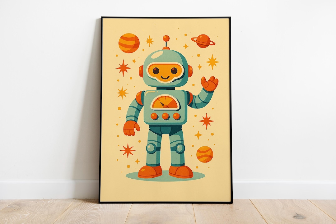 Cute Robot Kids Poster, Space Robot Wall Art, Cartoon AI Print, Nursery ...