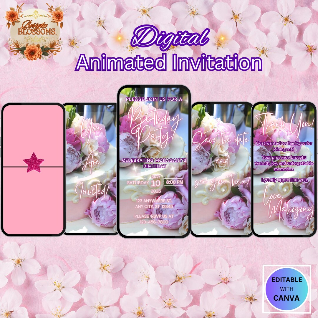 Animated Floral Birthday Cake Invitation: Elegant Digital Evite (canva ...