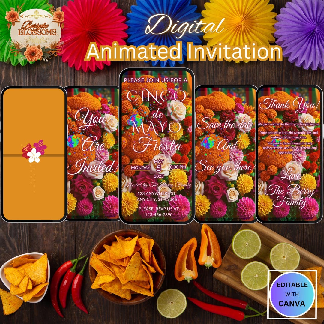 Animated Digital Cinco De Mayo Fiesta Invitation, Floral Fiesta Evite ...