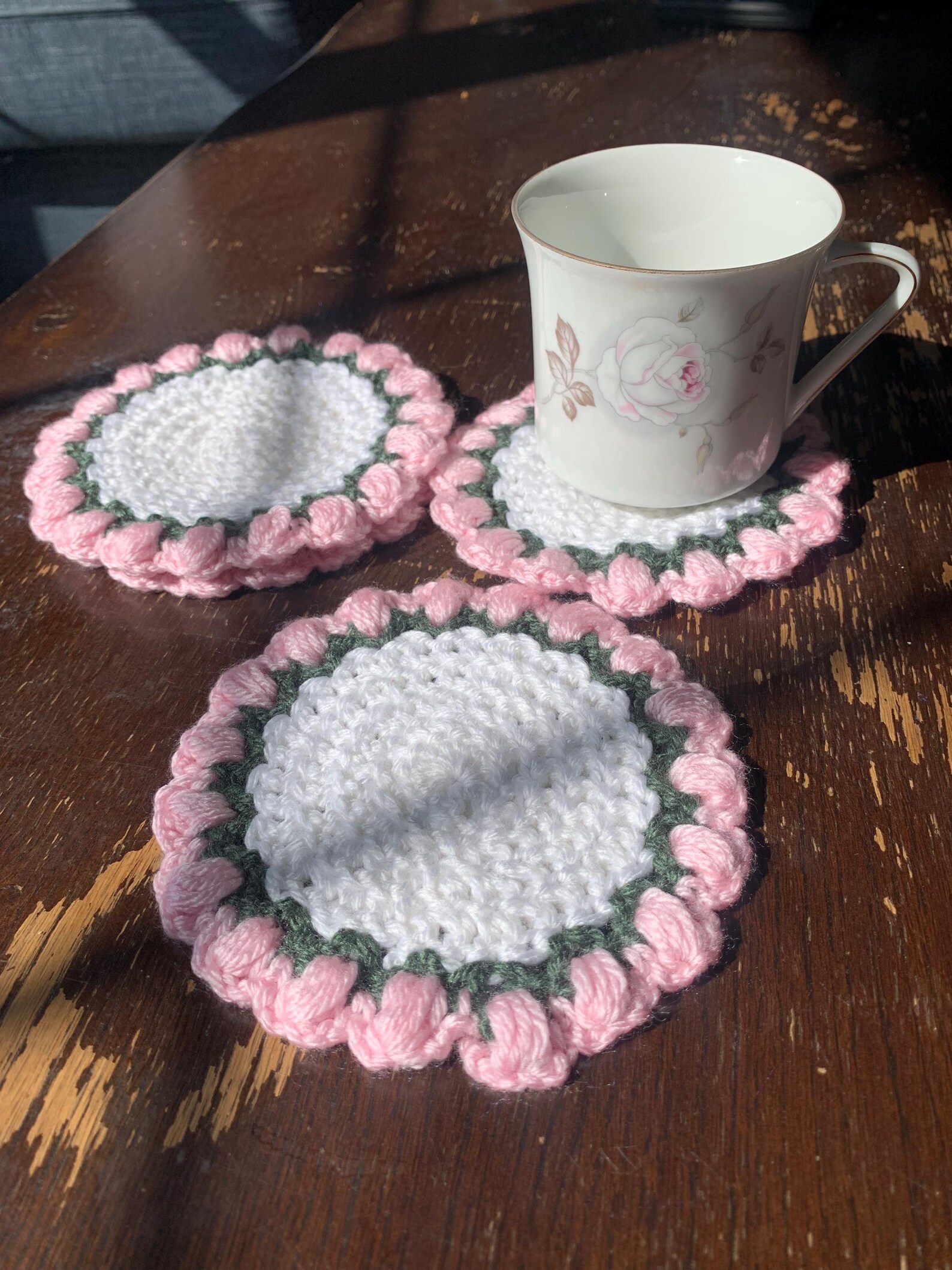 Crochet Flower Coasters, Tulip Coaster, Handmade, Crochet Gift, Pink ...