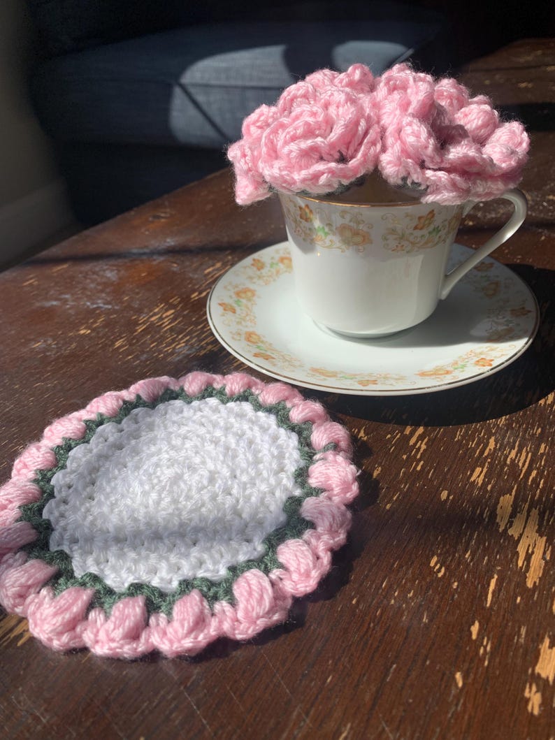Crochet Flower Coasters, Tulip Coaster, Handmade, Crochet Gift, Pink ...