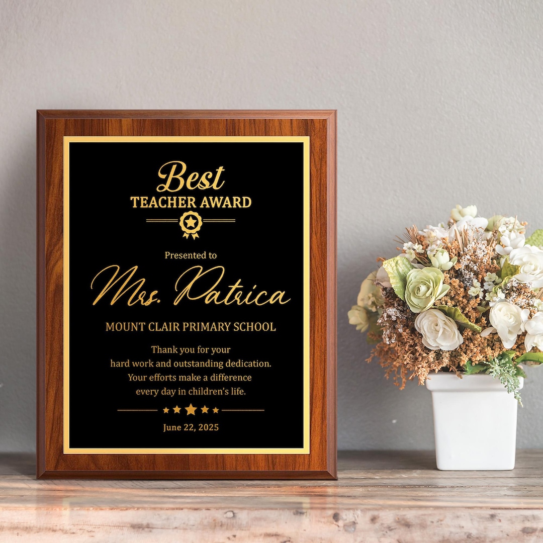 Personalized Teacher Recognition Plaque, Custom Best Teacher Award ...