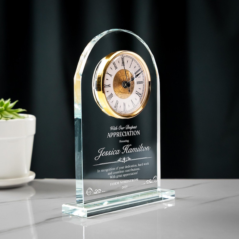 Custom Appreciation Glass Clock Awards - Personalized Employee Desk ...