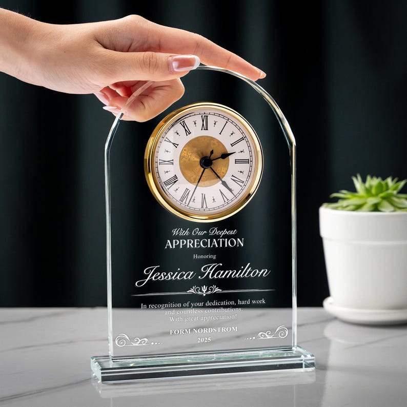 Custom Appreciation Glass Clock Awards - Personalized Employee Desk ...