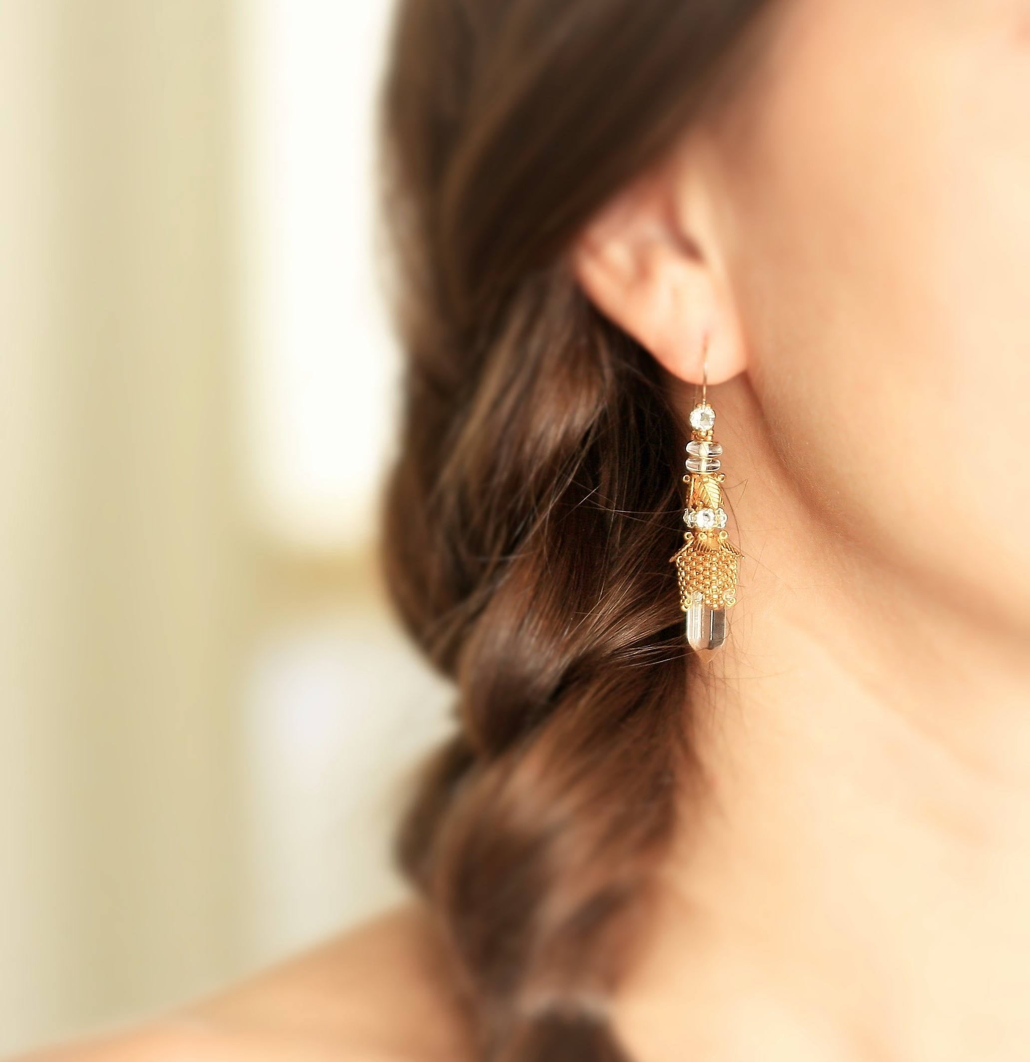 Clear Quartz Point Beaded Dangle Earrings Tutorial With Gold | Etsy