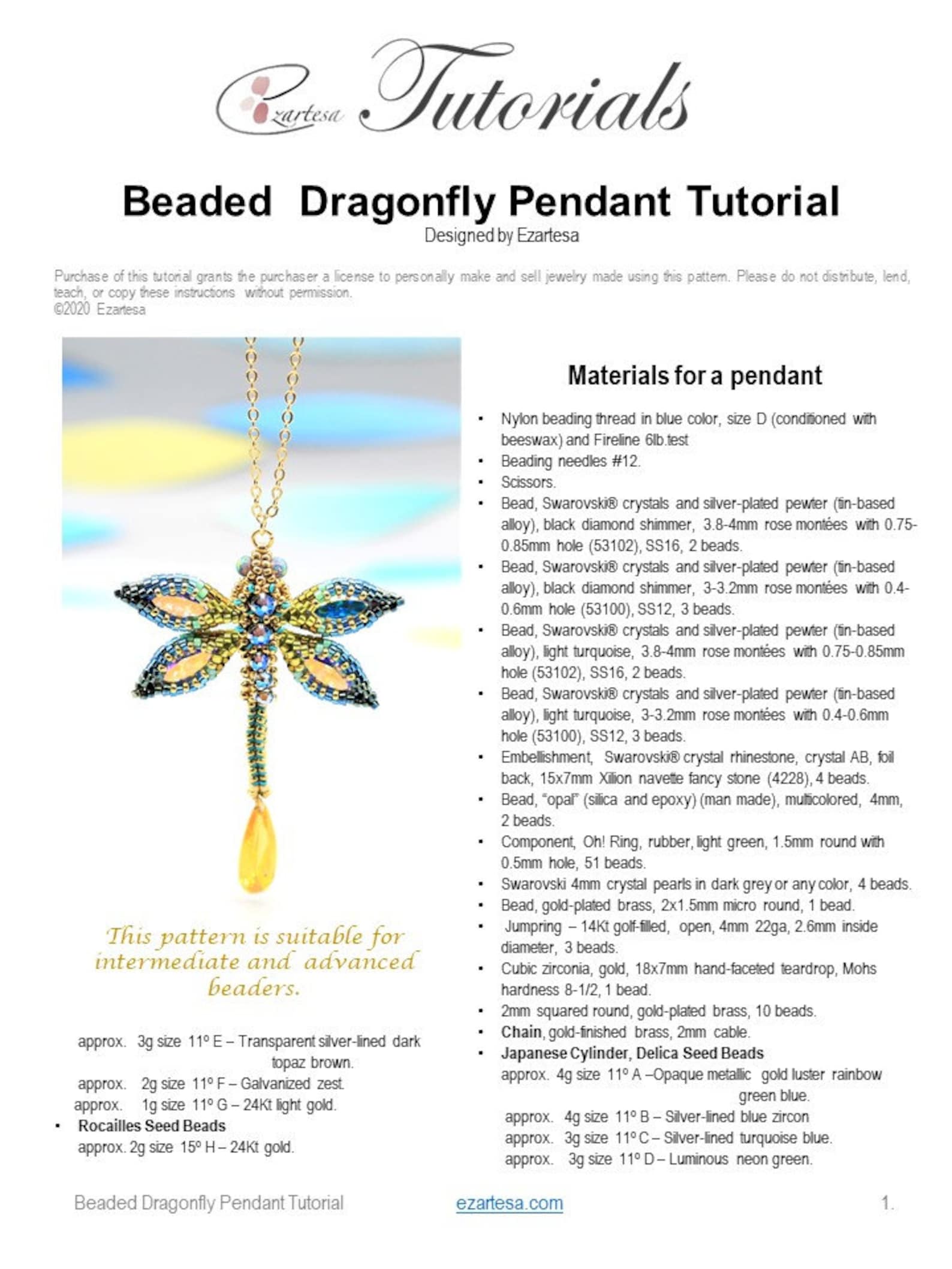 Dragonfly Pendant Beading Tutorial Pattern by Ezartesa | Etsy