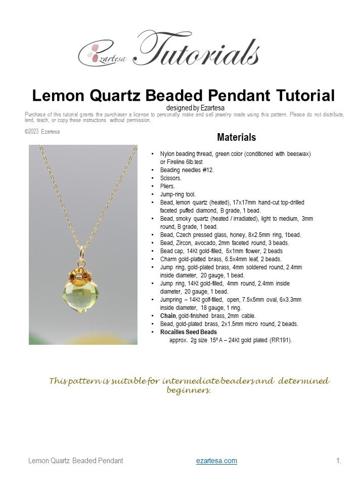 Lemon Quartz Beaded Pendant Tutorial, Seed Bead Pattern by Ezartesa - Etsy