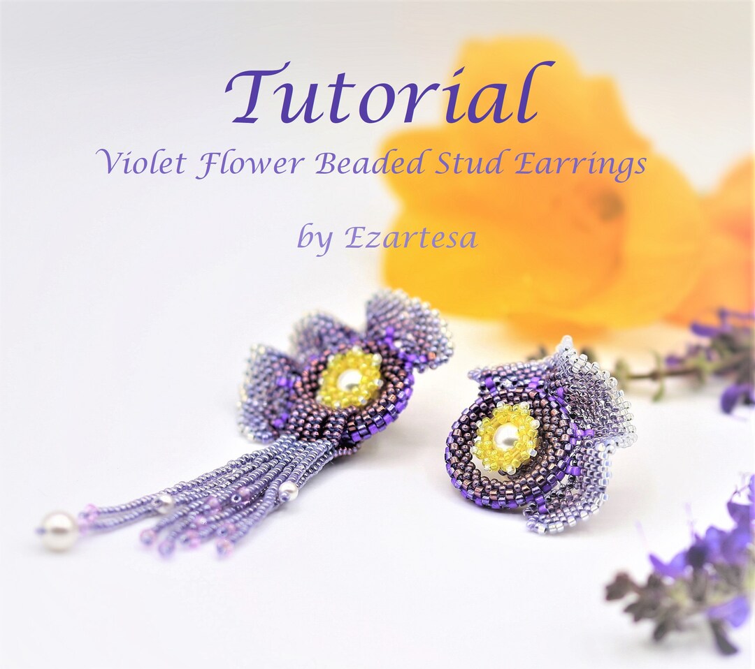 Beaded Stud Earrings Tutorial, Violet Flower Seed Bead Earrings Pattern ...
