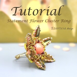 Statemen Flower Cluster Ring Beading Tutorial, Seed Bead, Coral, Czech Glass Preciosa and ...
