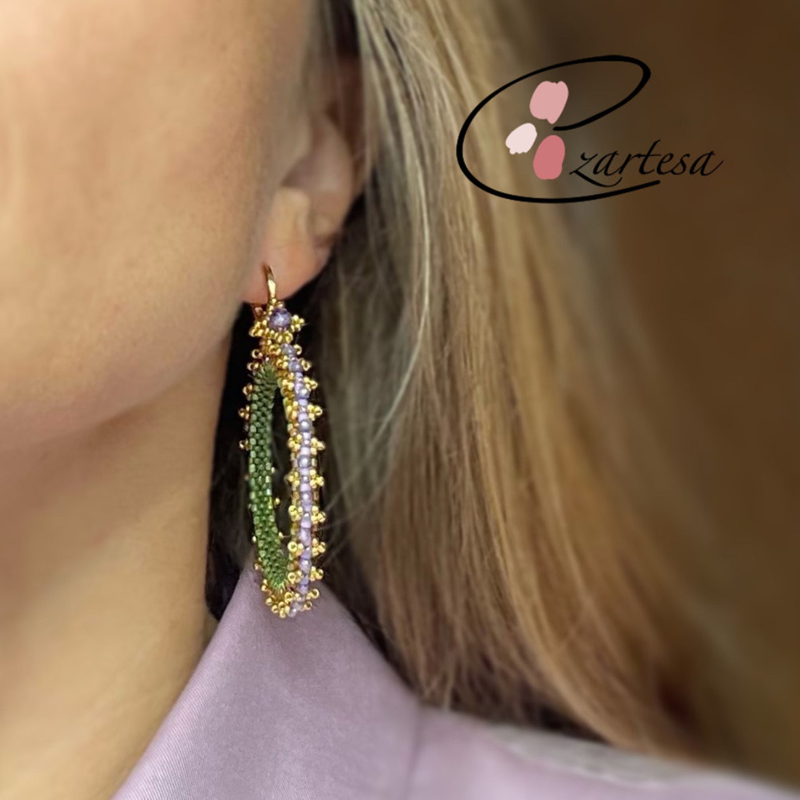 Lavender and Green Bedazzled Hoop Earrings Tutorial, Seed Bead Earrings ...