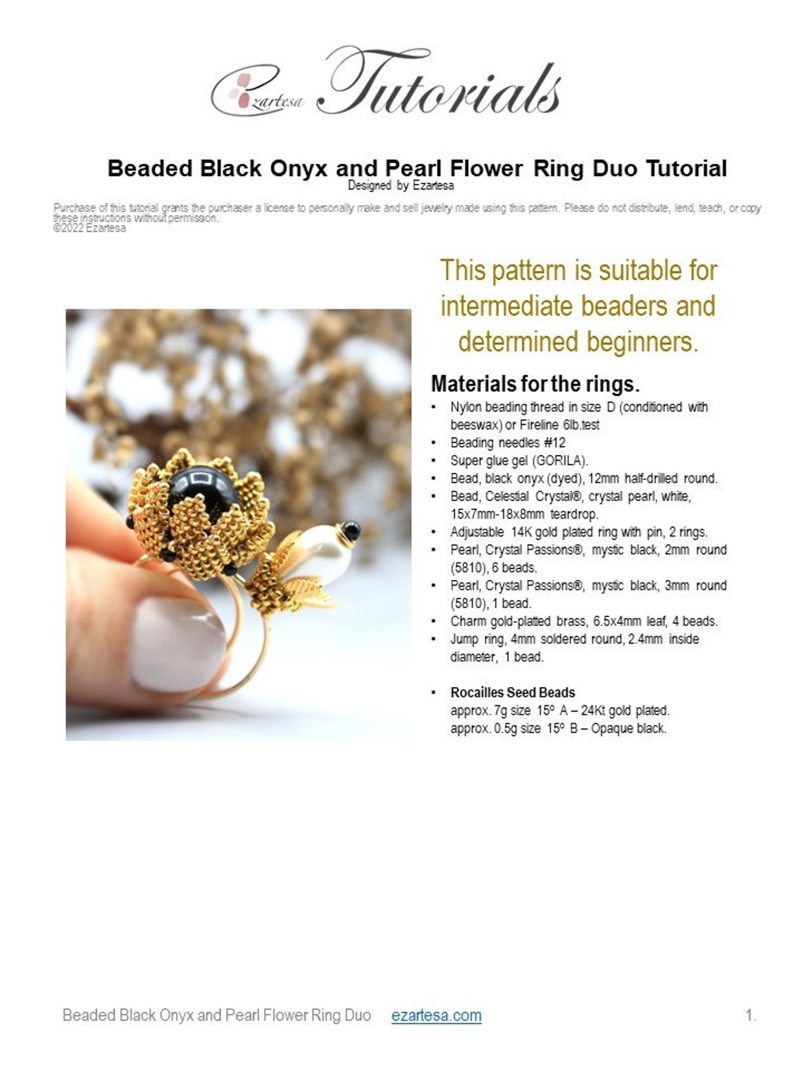 Beaded Flower Ring Pattern. Black Onyx and Pearl Drop Beaded - Etsy