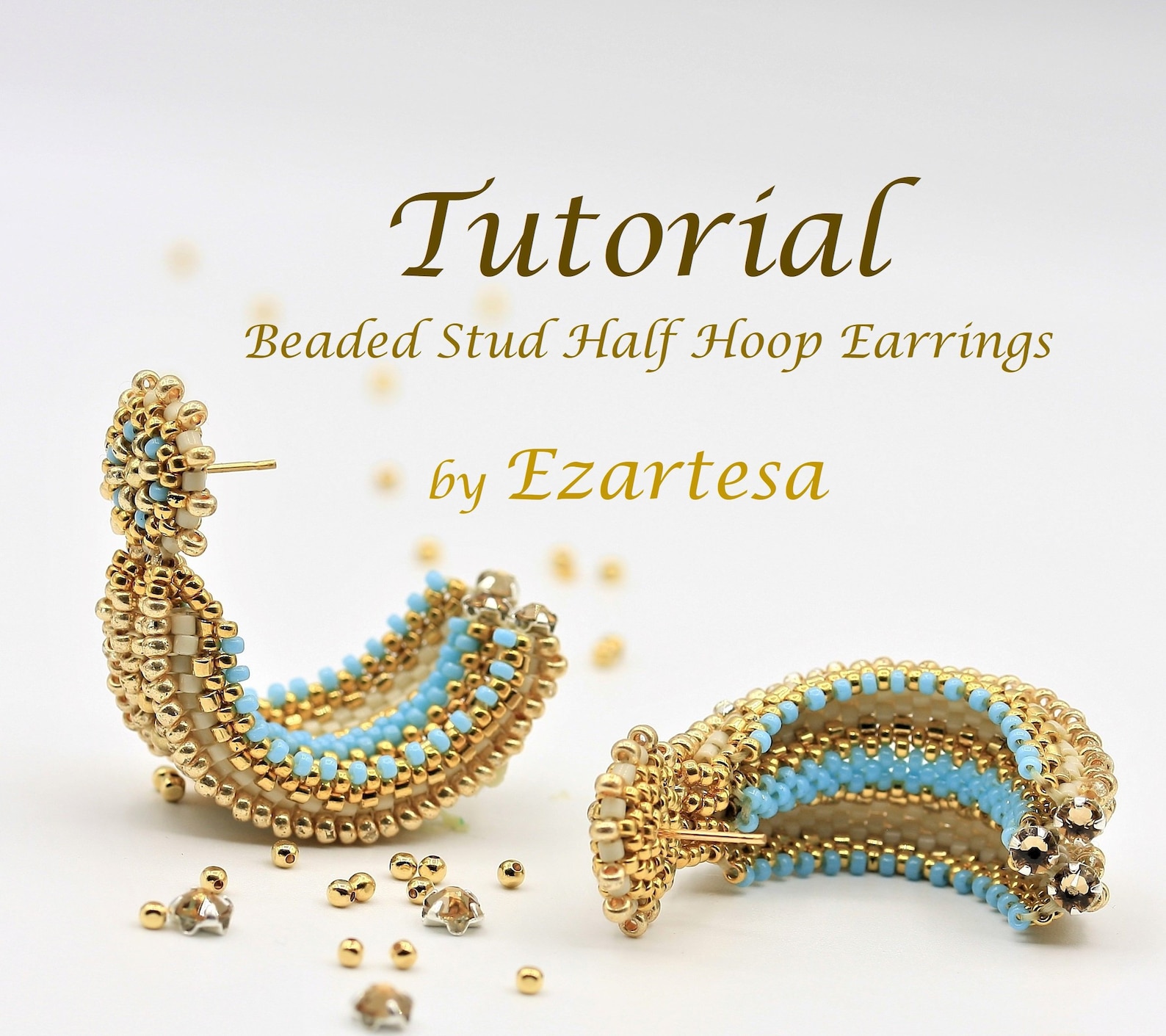 Beaded Stud Half Hoop Earring Tutorial With Gold and Blue | Etsy