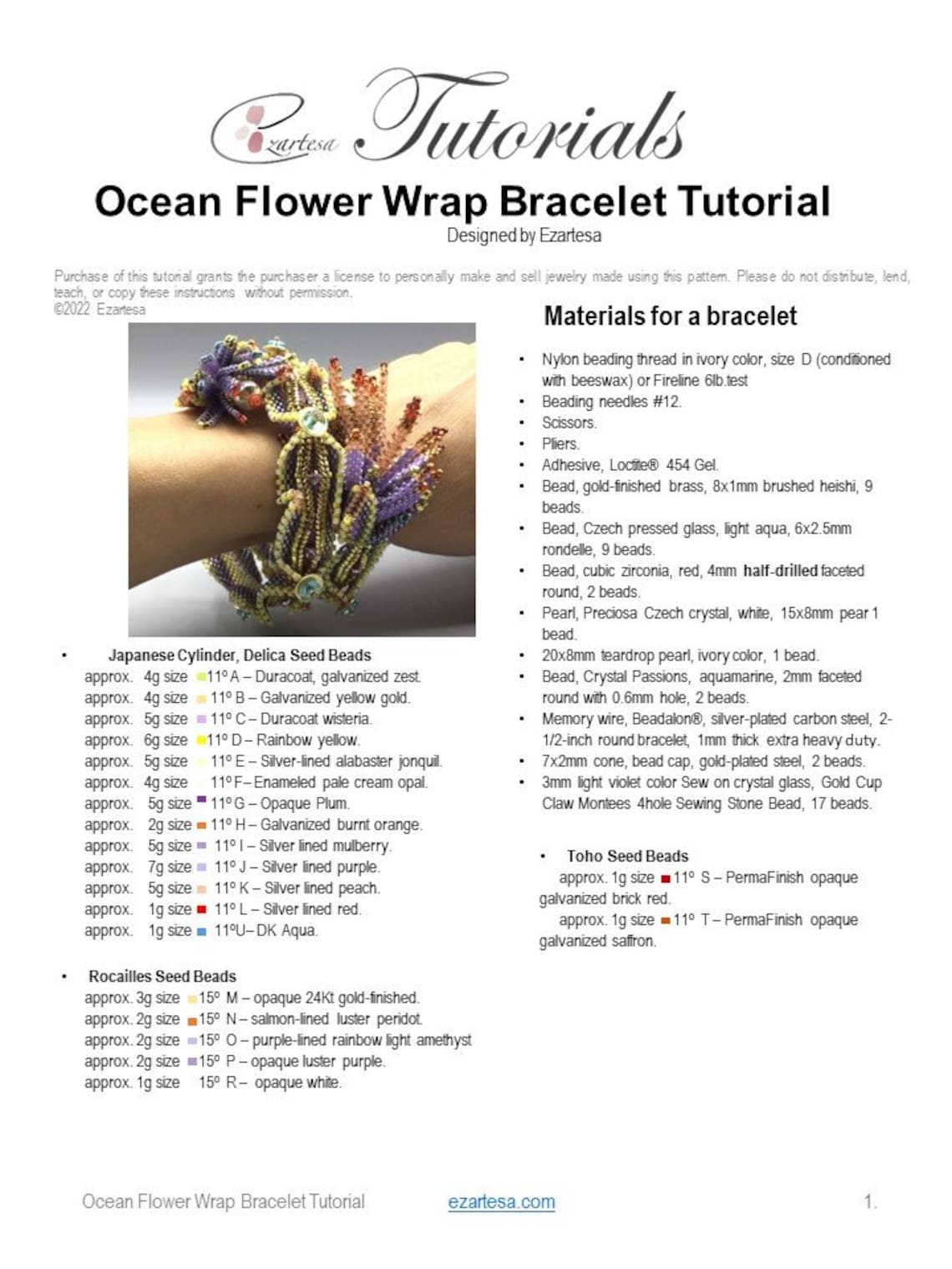 Ocean Flower Beaded Wrap Bracelet Tutorial Ezartesa Design. - Etsy