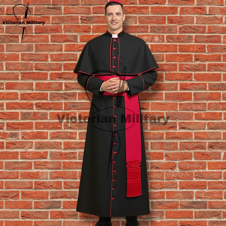 Black and Red Priest Costume | Catholic Clergy Robe With Sash | Mens ...