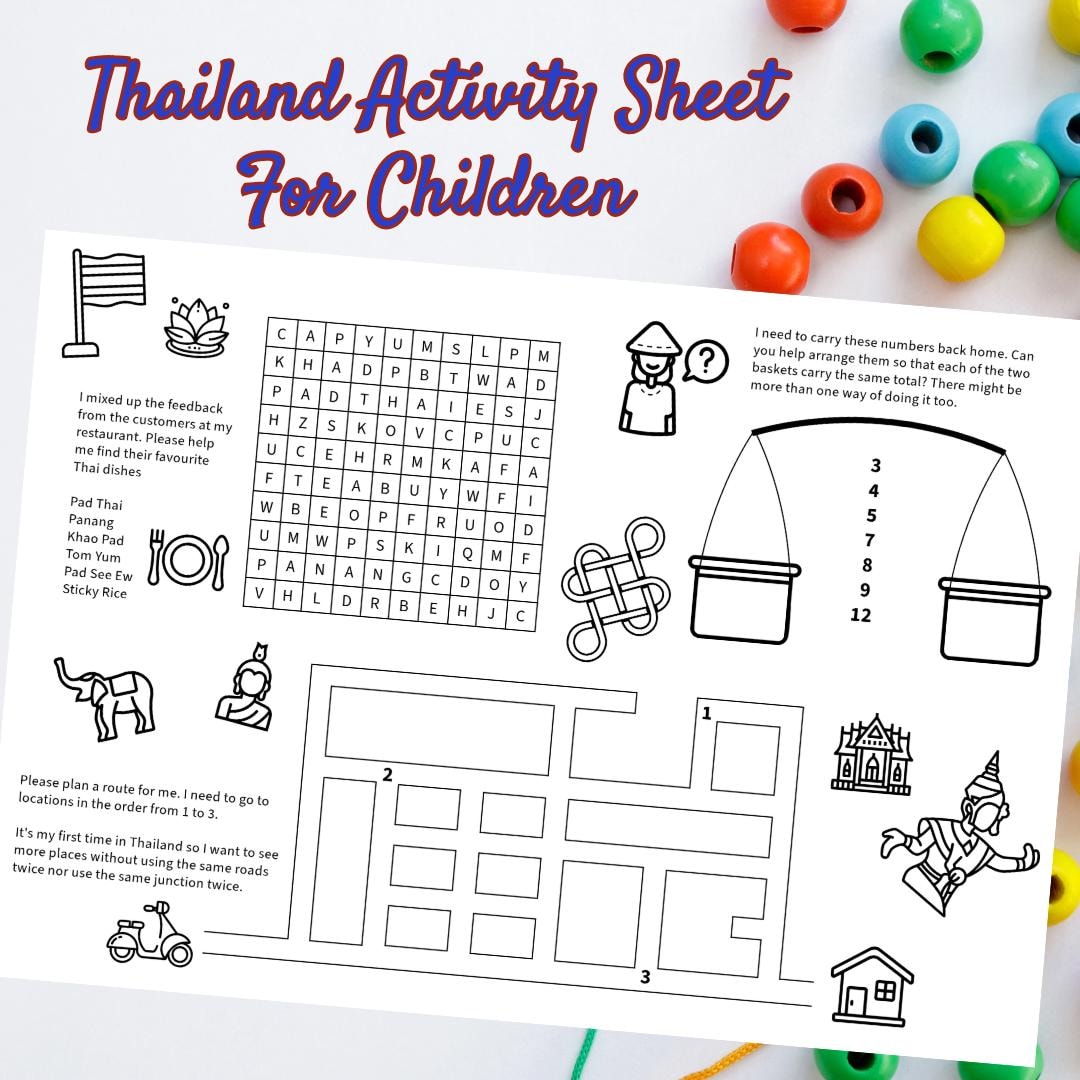 Thailand Activity Sheet for Children - Word Search, Maths Quiz, Route ...