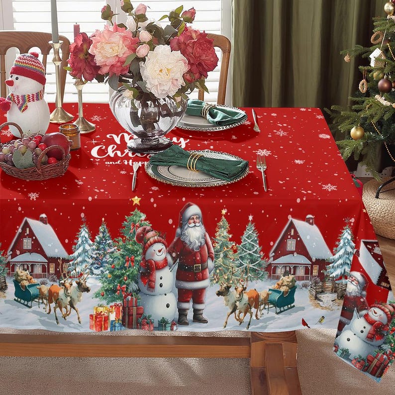 Festive Christmas Tablecloth: Santa, Snowman, Reindeer Design, Suitable ...