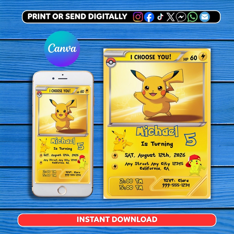 Pikachu Editable and Printable Birthday Invitation | Awesome Pokemon ...