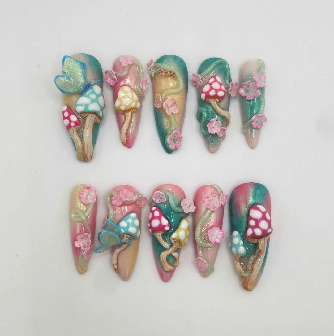 Original Handmade Mystical Mushroom Press on Nails: Sculpted Insect ...