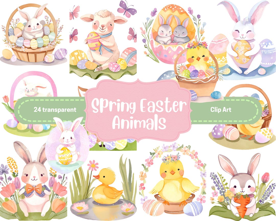 Cute Easter Animal Clipart Bundle - Kawaii Bunnies, Chicks, Lambs ...