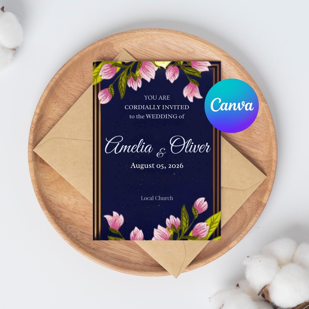 Floral Navy Wedding Card Template: Minimalist Elegant Invitations ...
