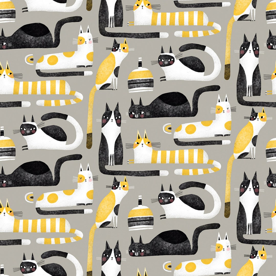 Cosmo Cats From Benartex - 1/2 Yard Black White Yellow Cats on Gray ...