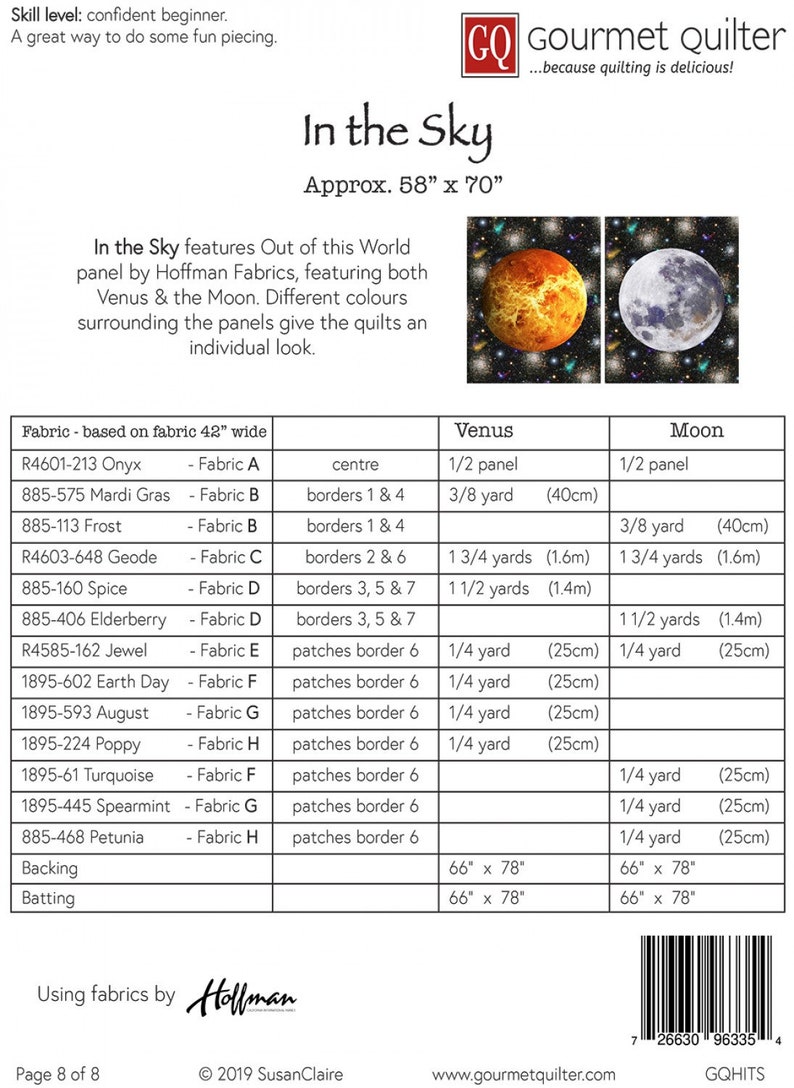 Sale - in the Sky Quilt Pattern From Gourmet Quilter - 58" X 70" Panel ...