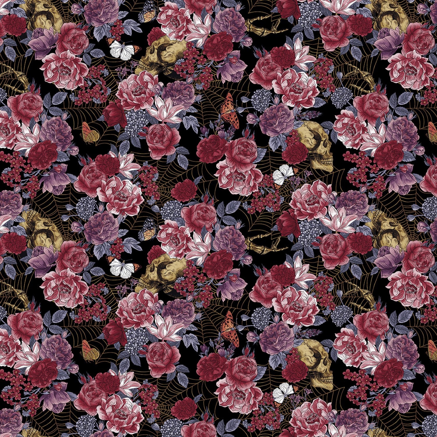 Bones Collection From Studio E - 1/2 Yard Black Large Floral - Flowers ...