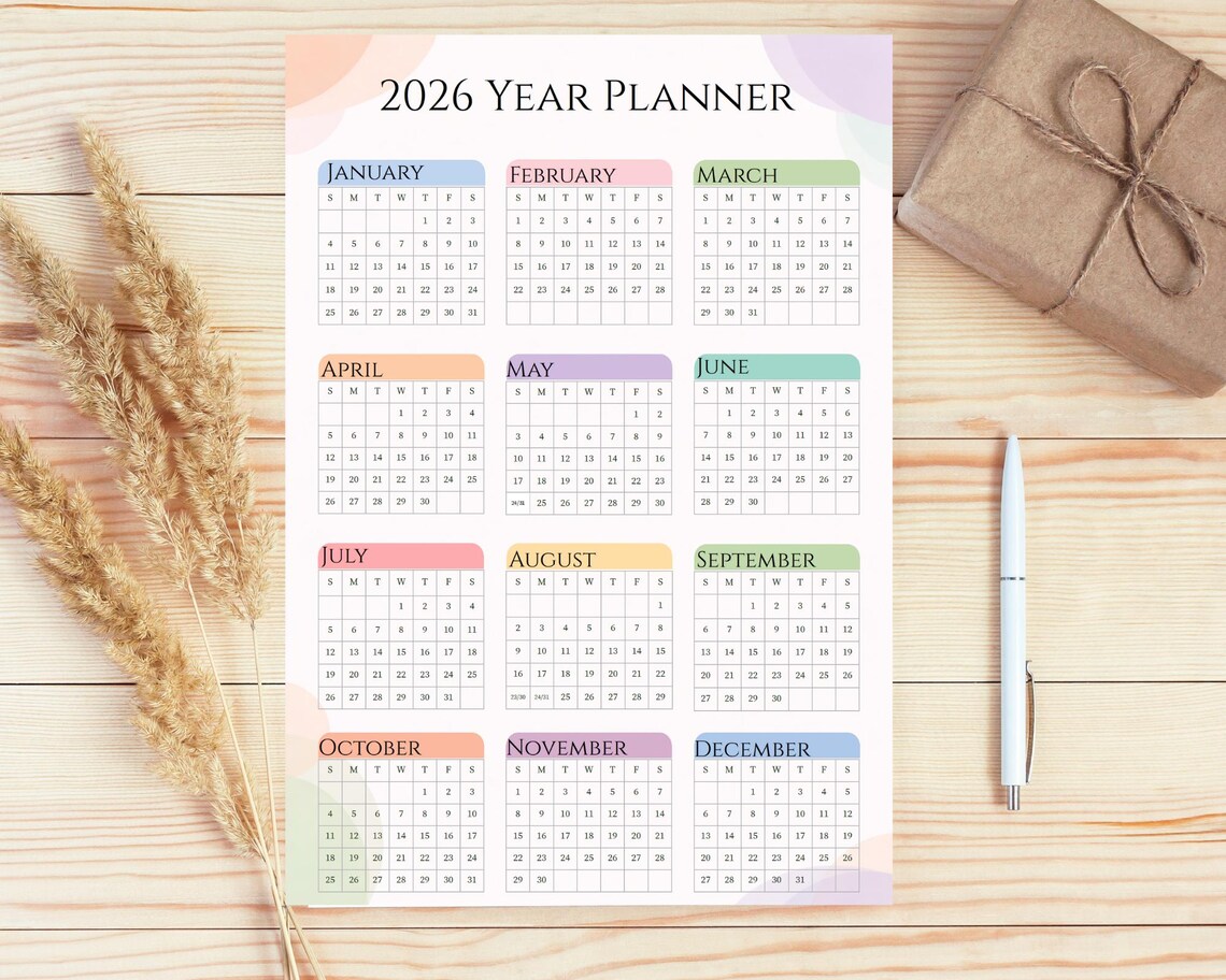 2026 Year Planner Printable Wall Calendar, Minimal Annual Overview ...