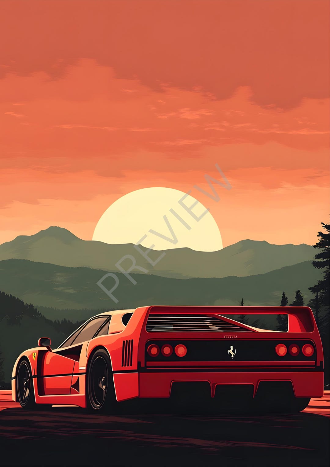 Ferrari F40 Sunset Poster - Retro Automobile Print for Garage and Home ...
