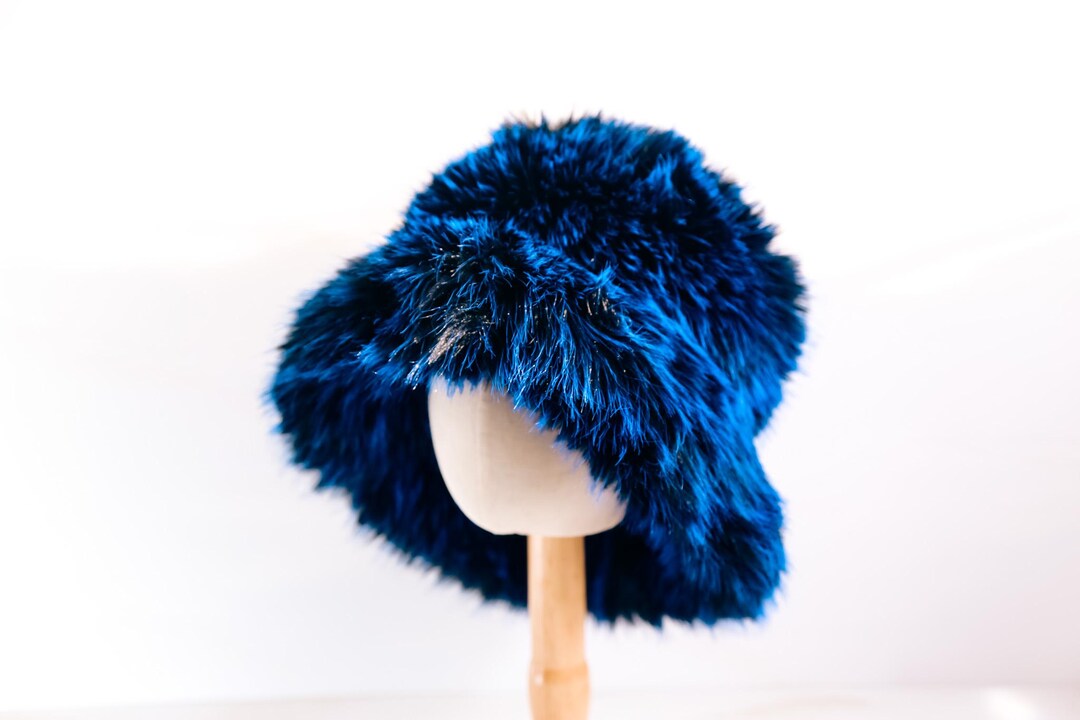 Super Fluffy Blue, Black Faux Fur Bucket Hat, Fake Fur Hat, Fuzzy Hat ...