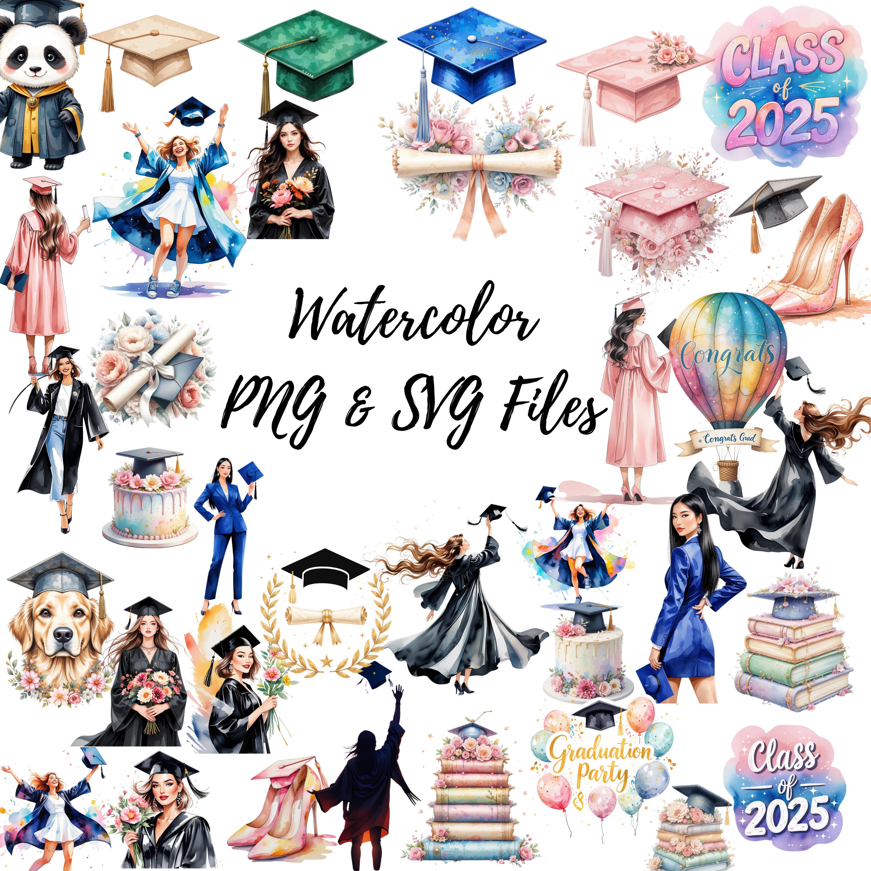 Watercolor Graduation Png and Svg, Graduation Cap, Graduation Clipart ...