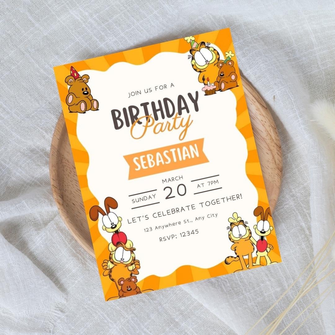 Garfield Birthday Invitation for Kids Party, Editable Digital Invite ...